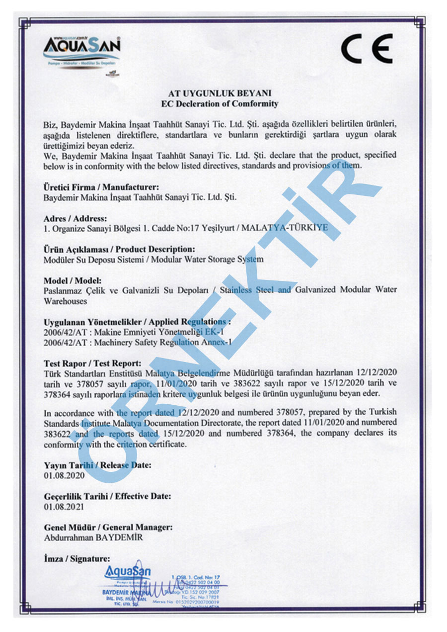 Certificates, Aquasan Modular Water Tank, Hydrofors and Pumps