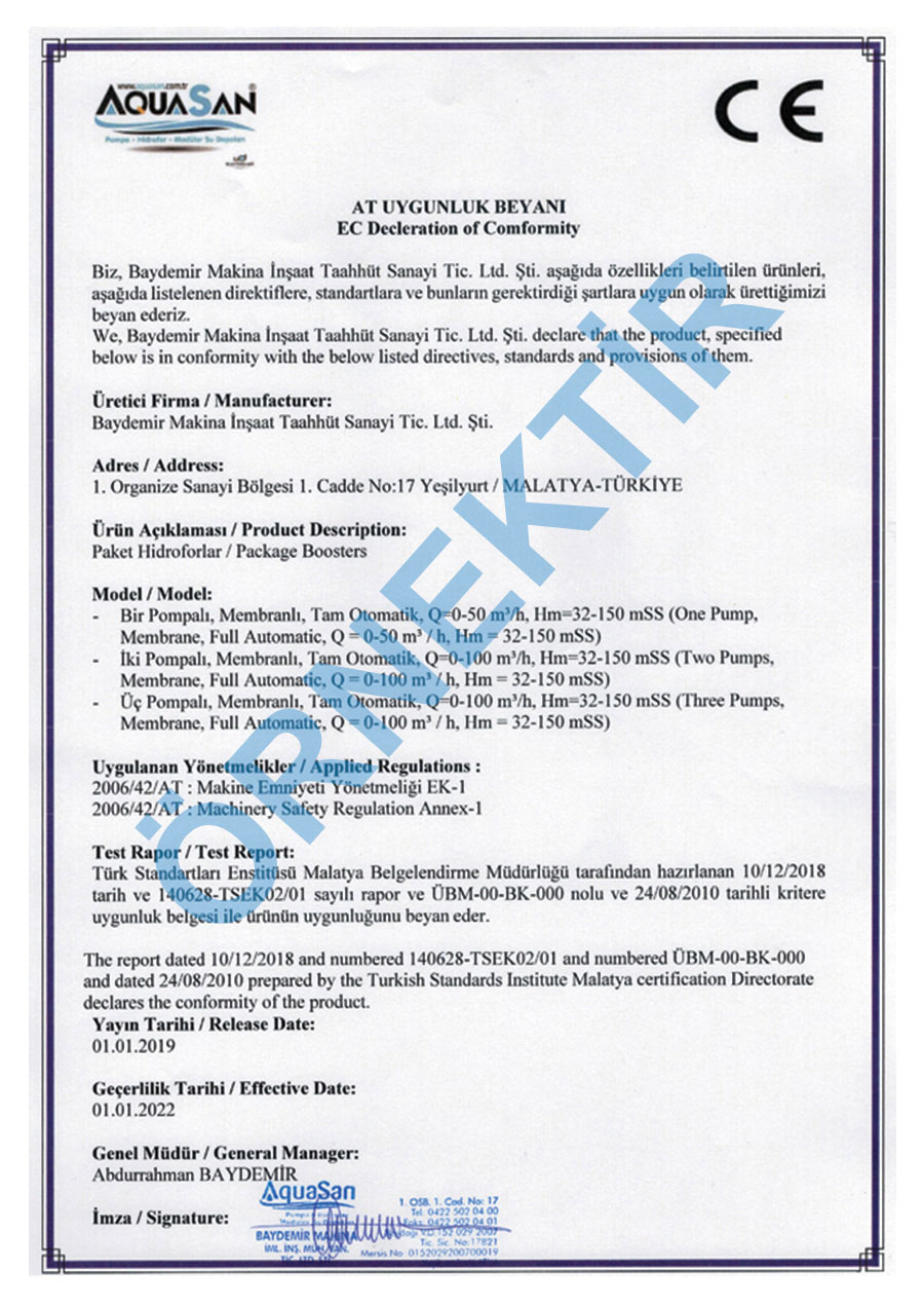 Kalite Belgeleri, Aquasan Modüler Su Deposu, Hidrofor ve Pompa
